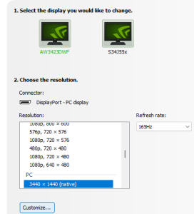 AW3423DWF Monitor: How to set 10-bit mode at 165Hz Refresh Rate - Game ...
